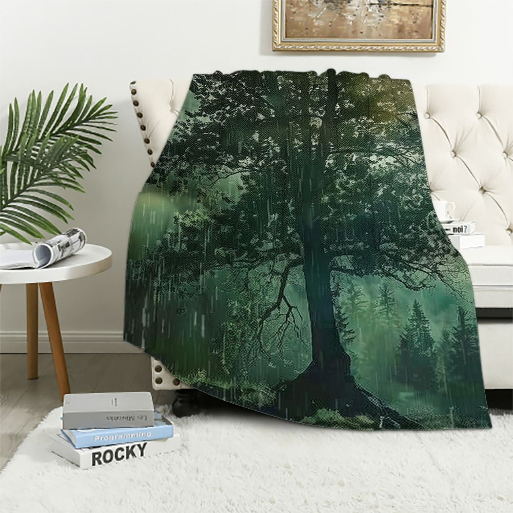 Chilfamy Foggy Forest Flannel Blankets, Misty Green Forest Natural ...