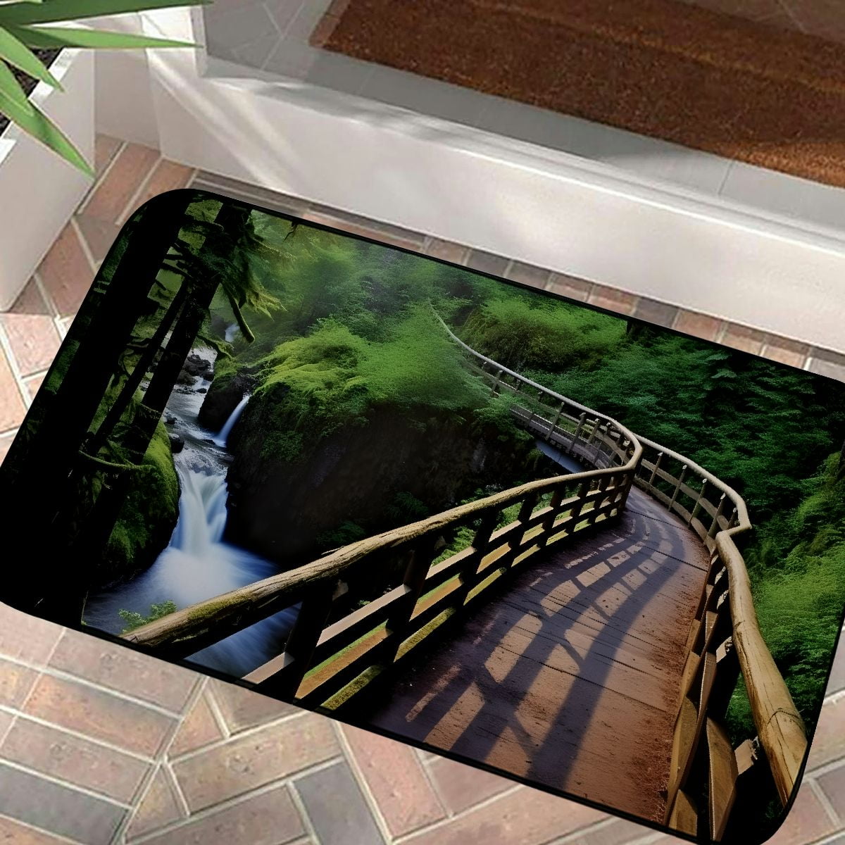 Chilfamy Forest Waterfall Wooden Bridge Felt Square Floor Mat Anti-Slip ...