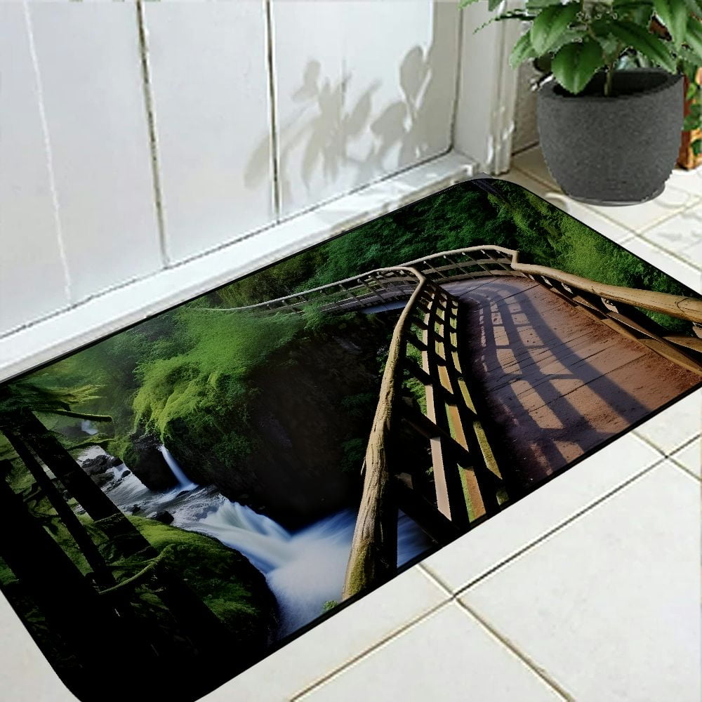 Chilfamy Forest Waterfall Wooden Bridge Felt Square Floor Mat Anti-Slip ...