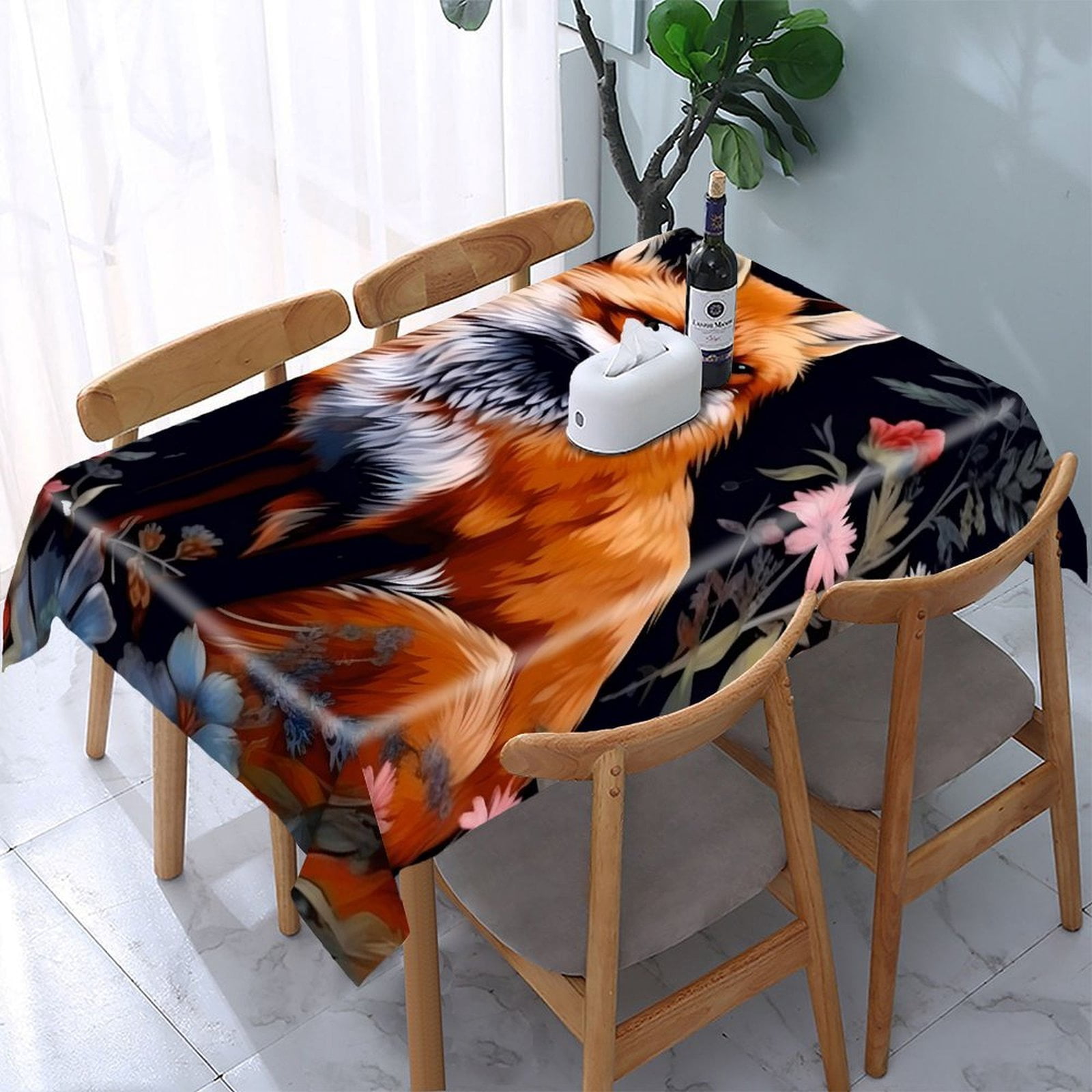 Chilfamy Fox Flowers Leaves Rectangle Dining Tablecloth, Washable ...