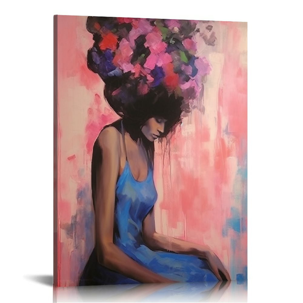 Chilfamy Framed African American Canvas Wall Art Colorful Flower on Black Women Head Wall Decor ...