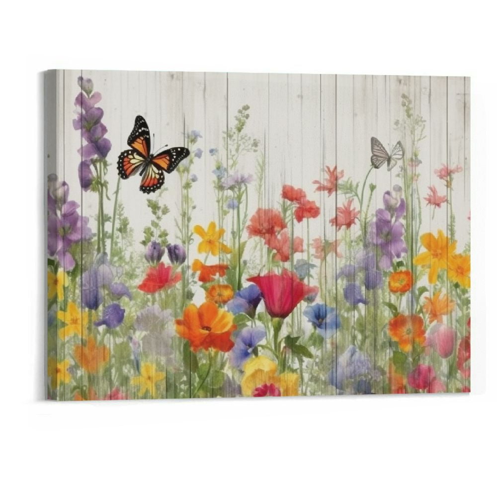 Chilfamy Framed Flower Wall Art Yellow Orange Wildflowers and Butterfly ...