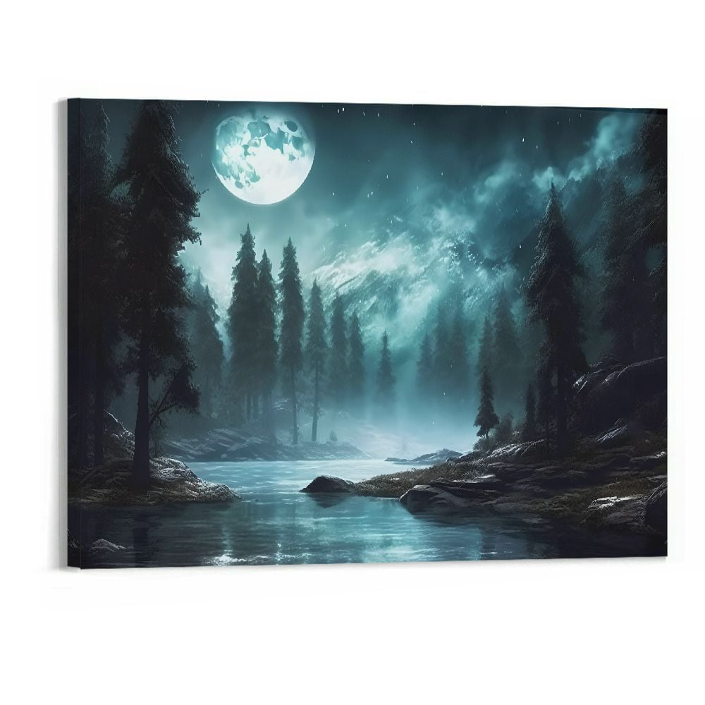 Chilfamy Full Moon Lake Forest Canvas Wall Art Picture 20x16in for Home ...
