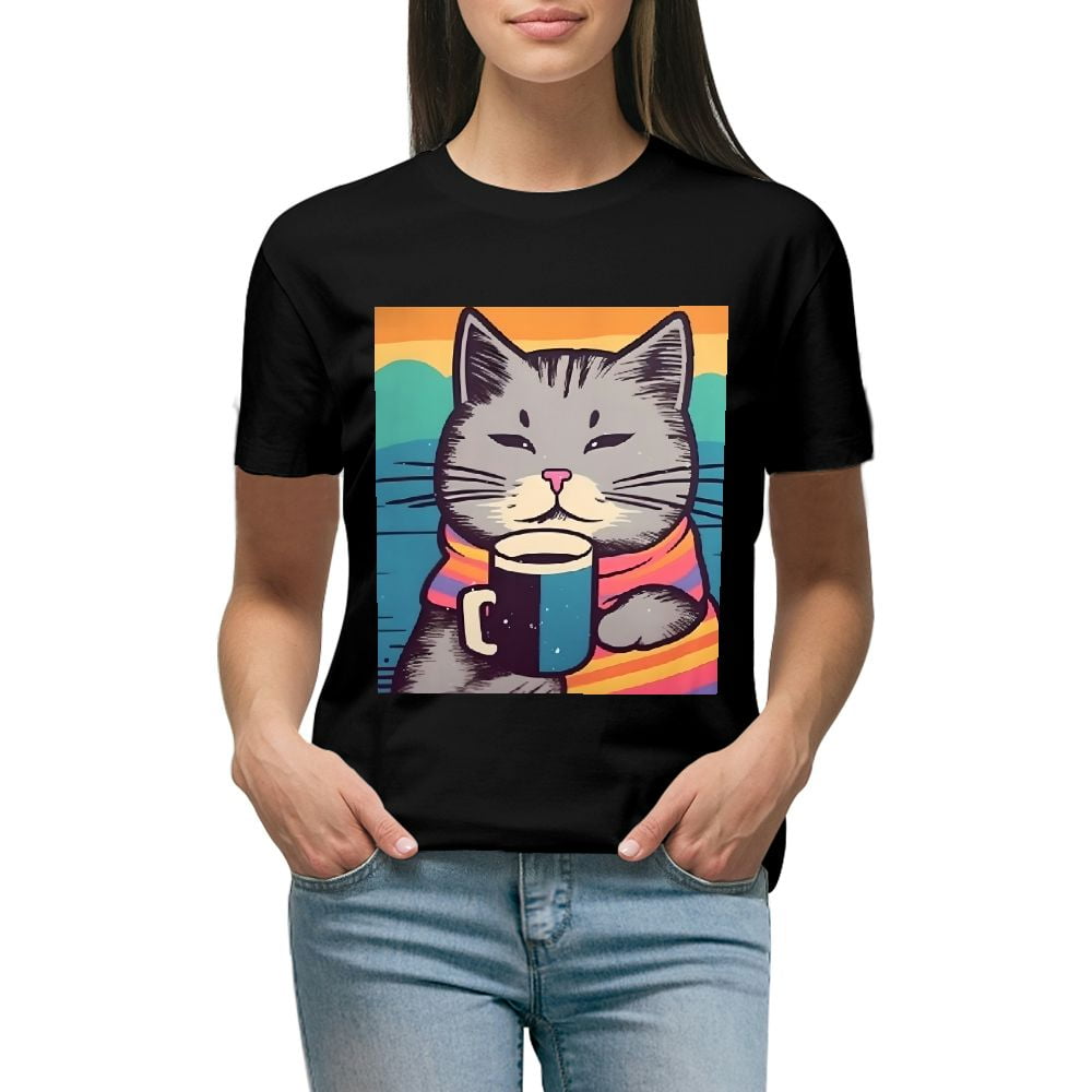 Chilfamy Funny Cat Shirt Cat & Coffee Graphic Tees Short Sleeve ...