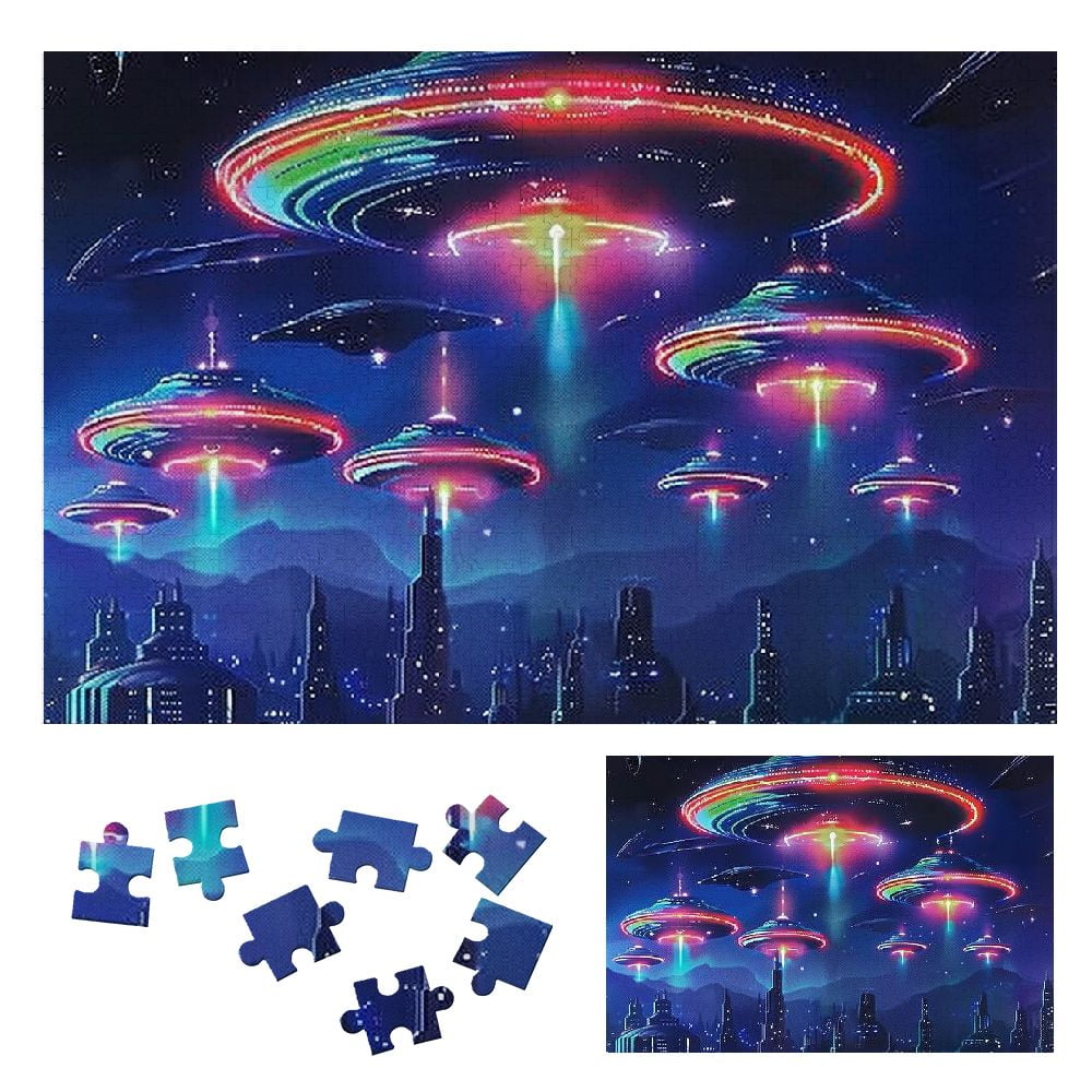 Chilfamy Futuristic City Lights Aliens Wooden Jigsaw Puzzle for Adults ...