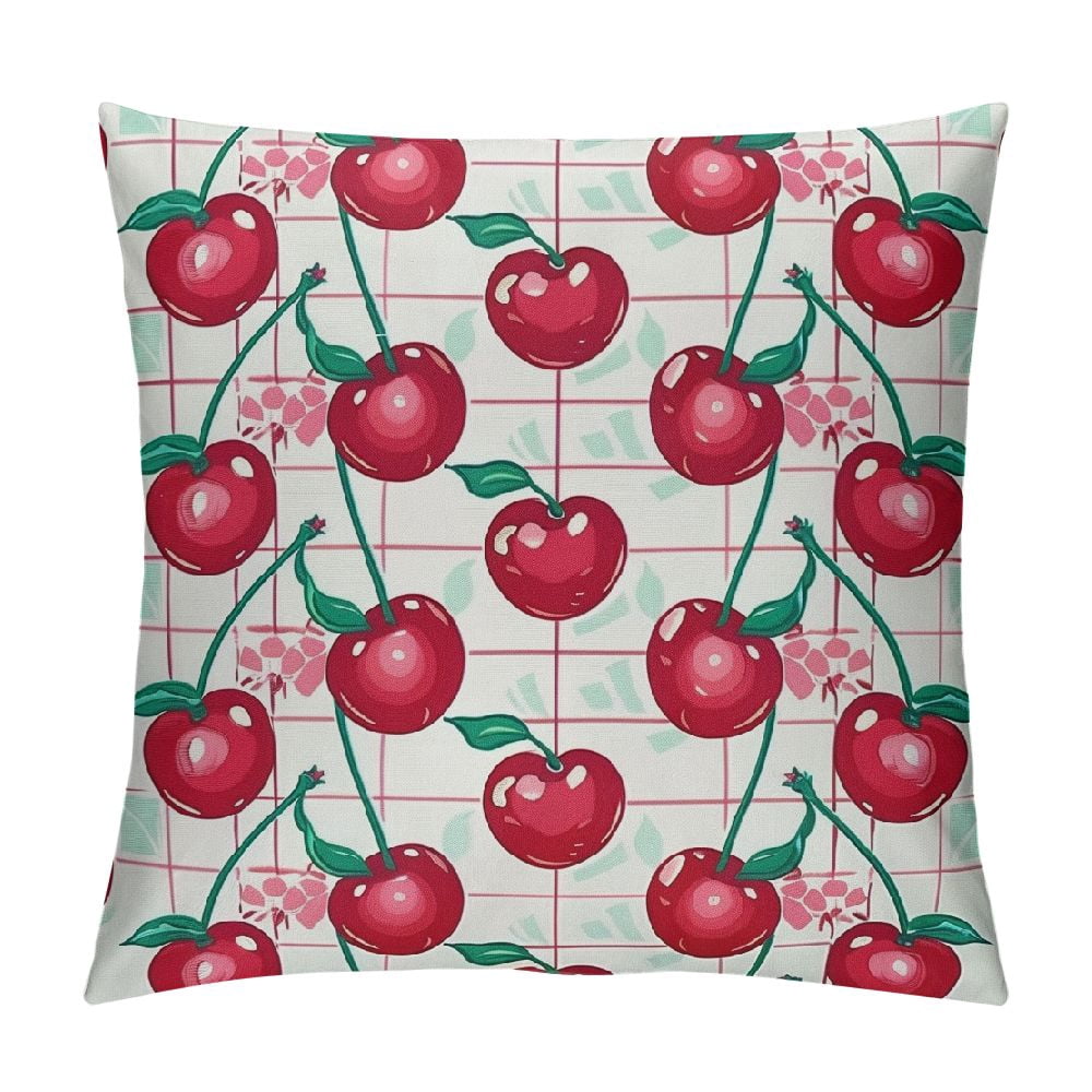 Chilfamy Girly Cherry Pillow Covers Pink Grid Lines Cute Fruits Stripes ...