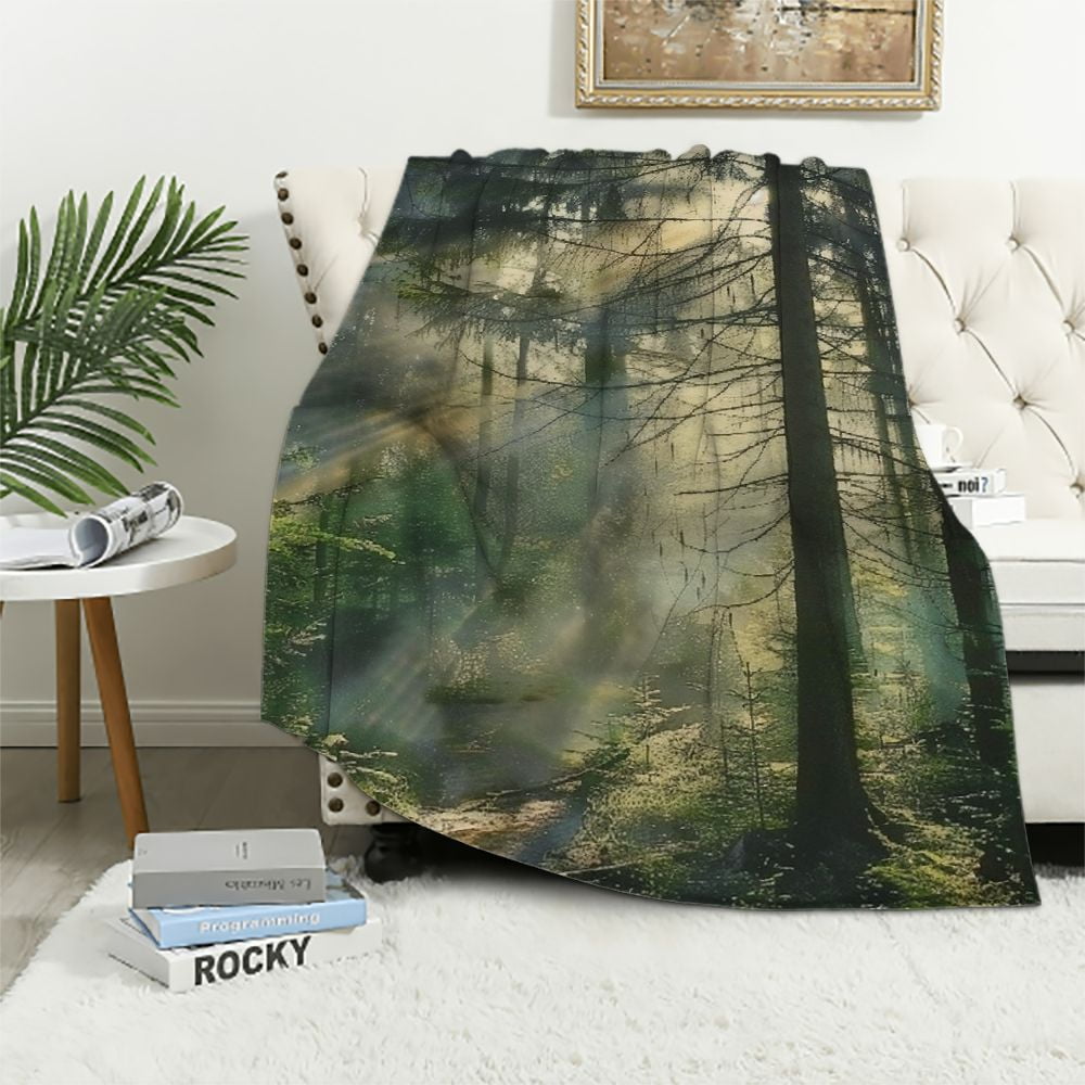 Chilfamy Green Forest Blanket Misty Forest Room Decor Morning Forest ...