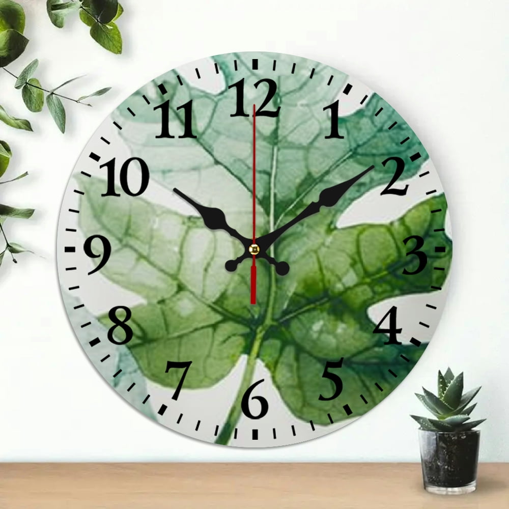 Chilfamy Green Leaves Theme Wooden Wall Clock, 10-Inch Round Analog ...