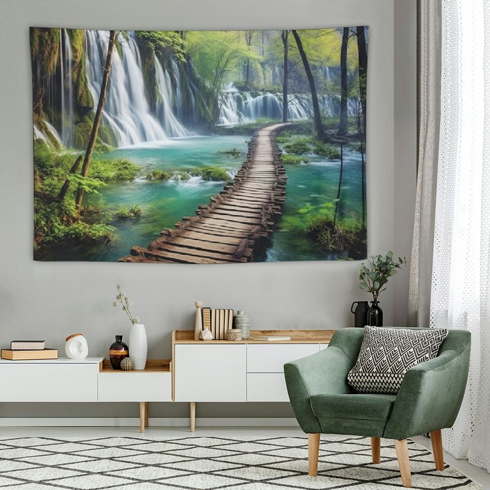 Chilfamy Green Nature Tapestry Rainforest Waterfall Landscape Tapestry ...