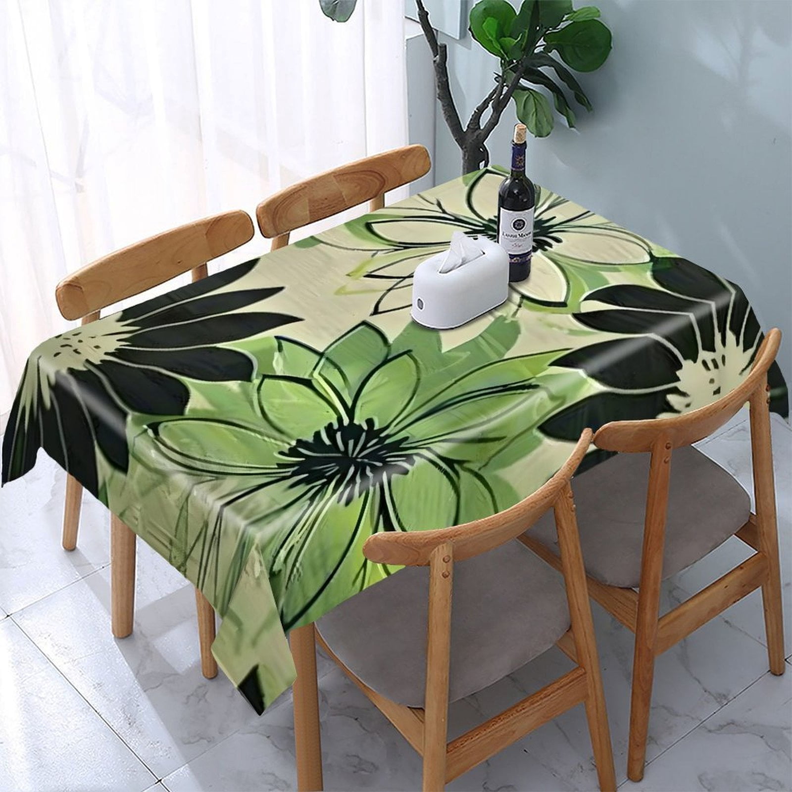 Chilfamy Green Tone Big Floral Rectangle Dining Tablecloth, Washable ...