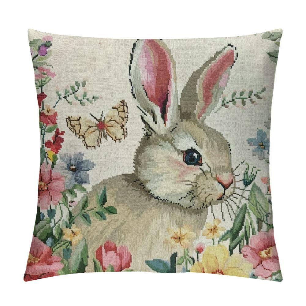 Chilfamy Happy Easter Bunny Pillow Covers Rabbit Flower Leaves ...