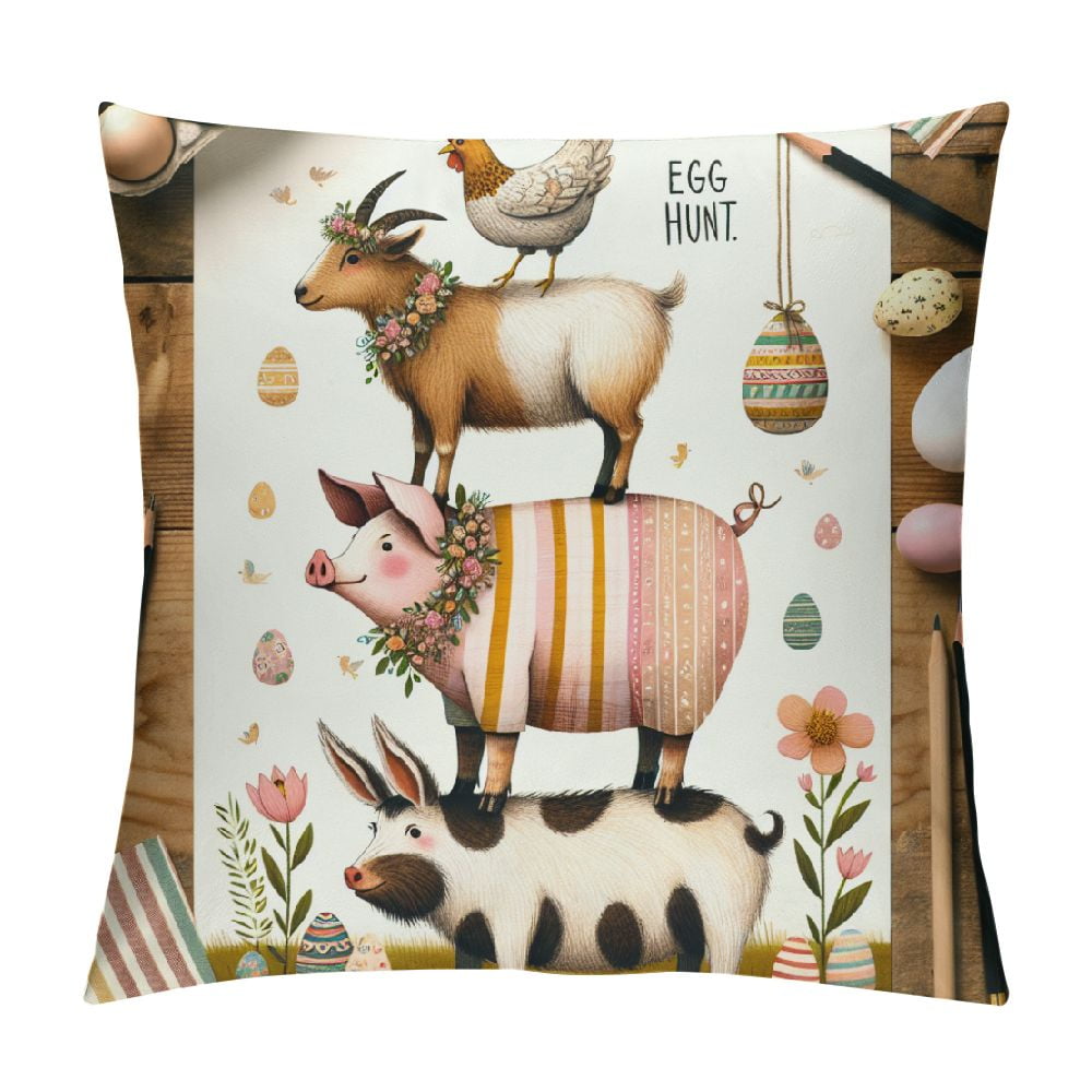 Chilfamy Happy Easter Cow Pig Rooster Decorative Throw Pillow Covers ...