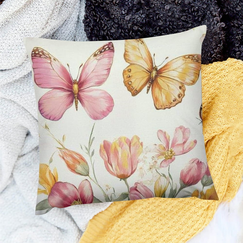 Chilfamy Hello Spring Throw Pillow Covers Pink Tulips Floral Butterfly ...