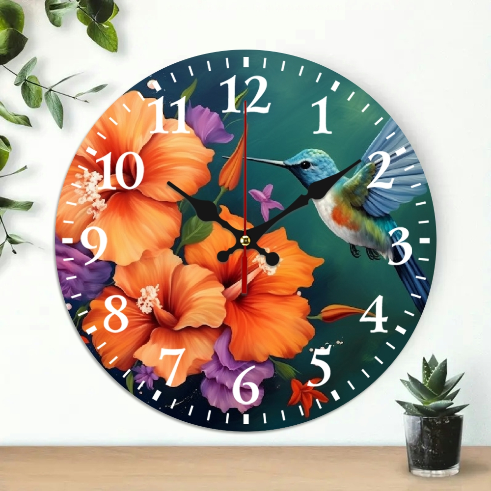 Chilfamy Hummingbird Flowers Round Wooden Wall Clock 10 Inch Silent ...