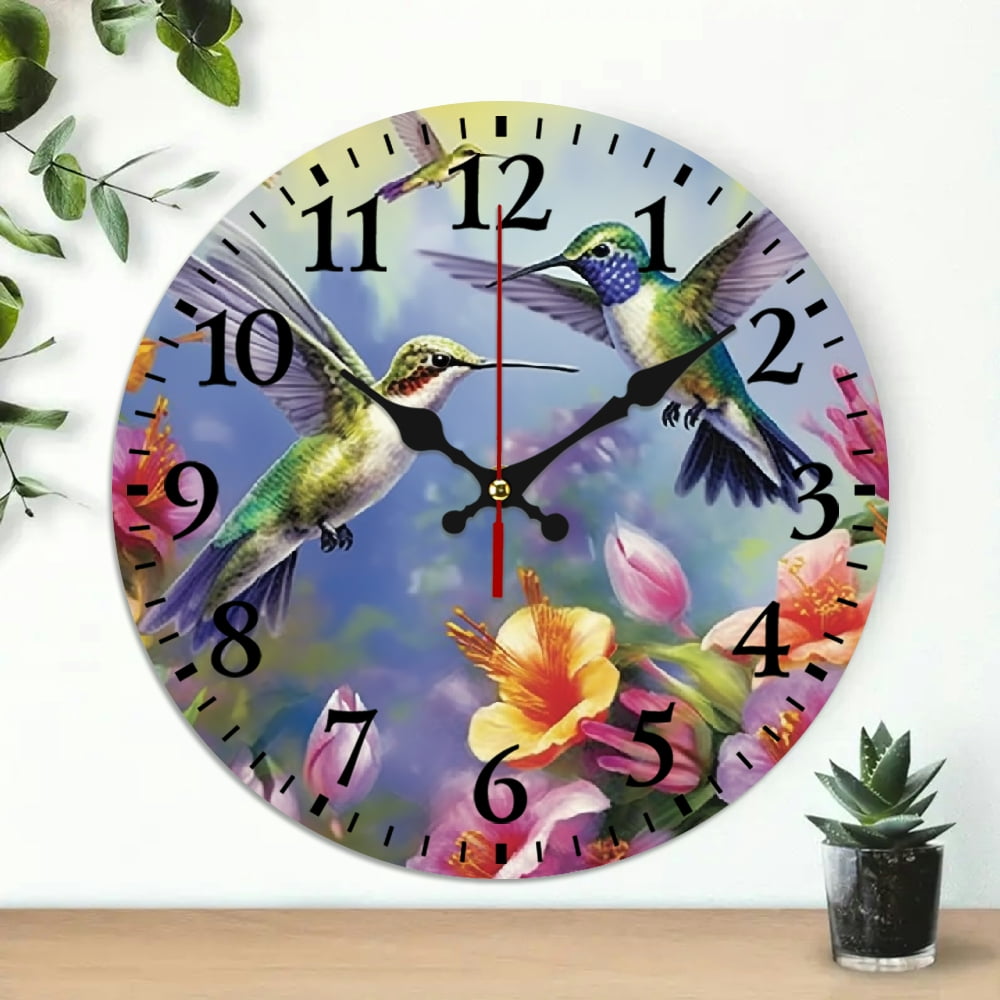 Chilfamy Hummingbirds Flowers Butterflies Round Wall Clock 10 Inch ...