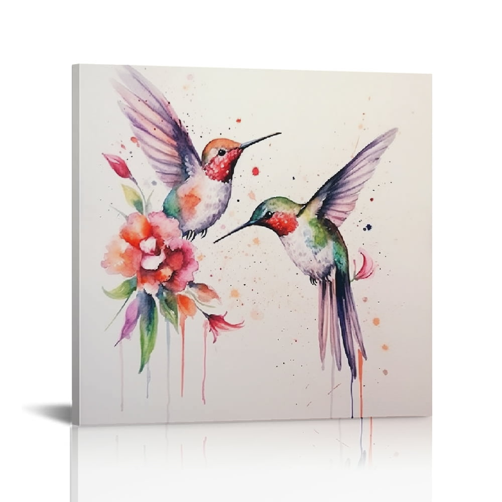 Chilfamy Hummingbirds Flowers Watercolor Cartoon Art Canvas Wall Decor ...