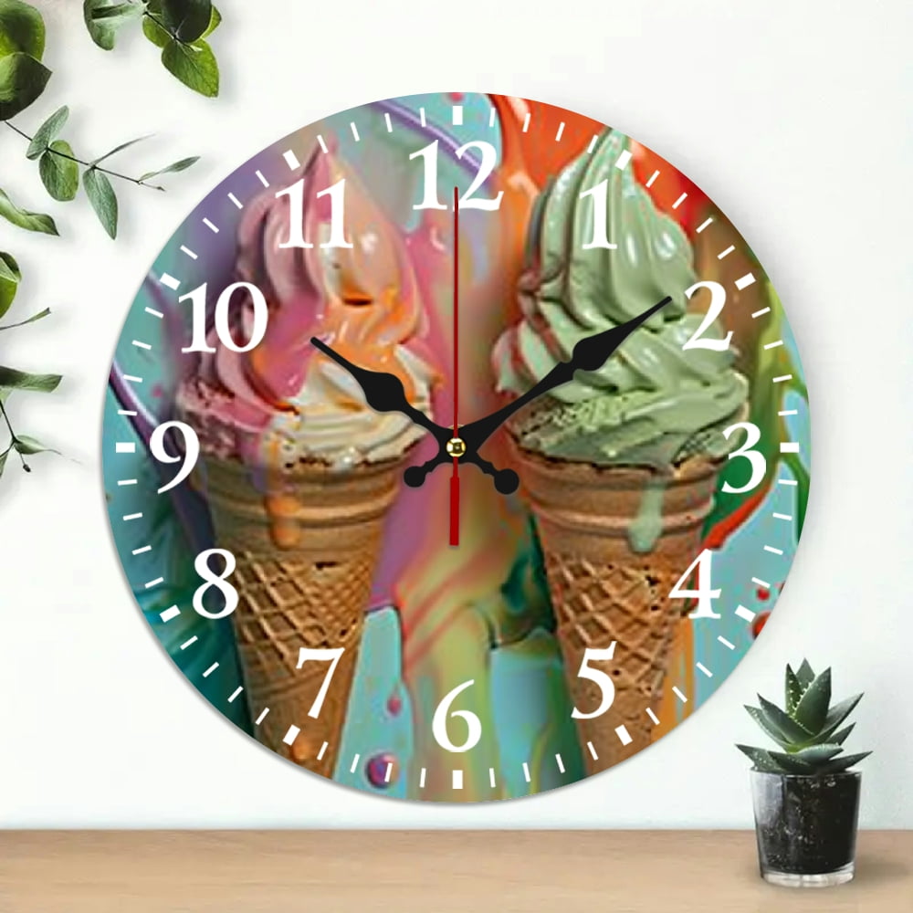 Chilfamy Ice Cream Cones Colors Wooden Wall Clock, Silent Mechanical ...