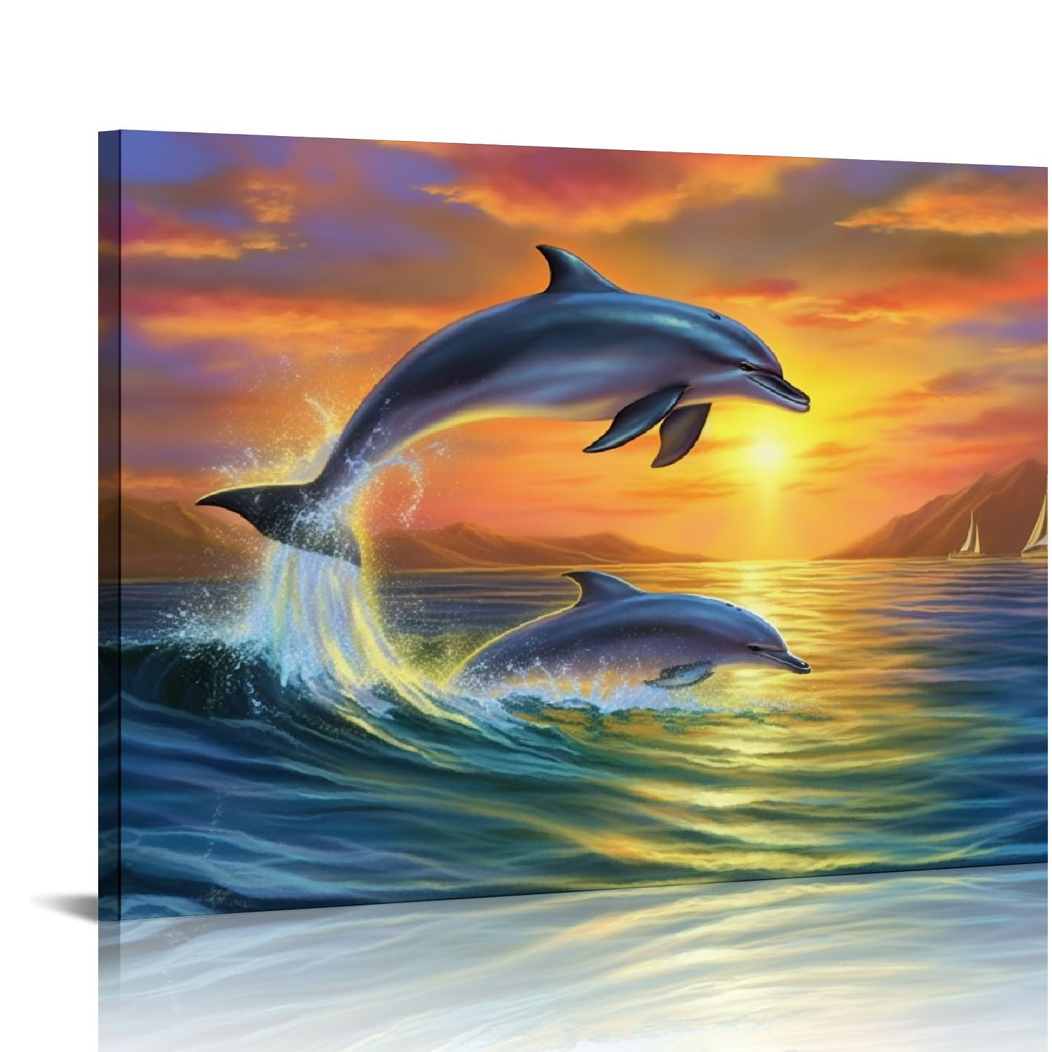 Chilfamy Jumping Dolphins Canvas Artwork Wall Hanging Sunset Over Sea ...