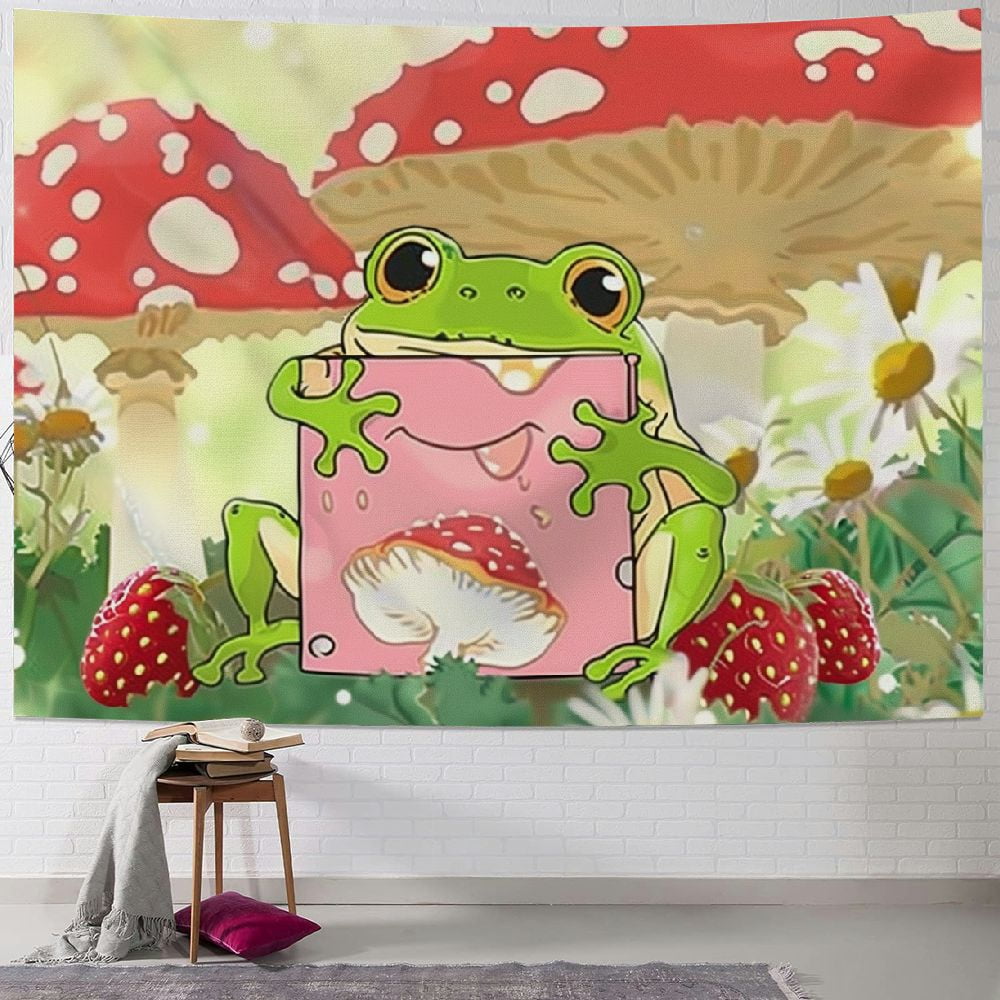 Chilfamy Kawaii Frog Mushroom Tapestry pink cute room decor Aesthetic ...