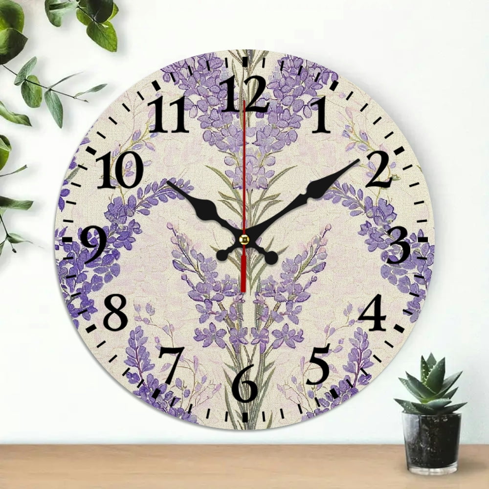 Chilfamy Lavender Flowers Round Wooden Wall Clock Decor Silent ...