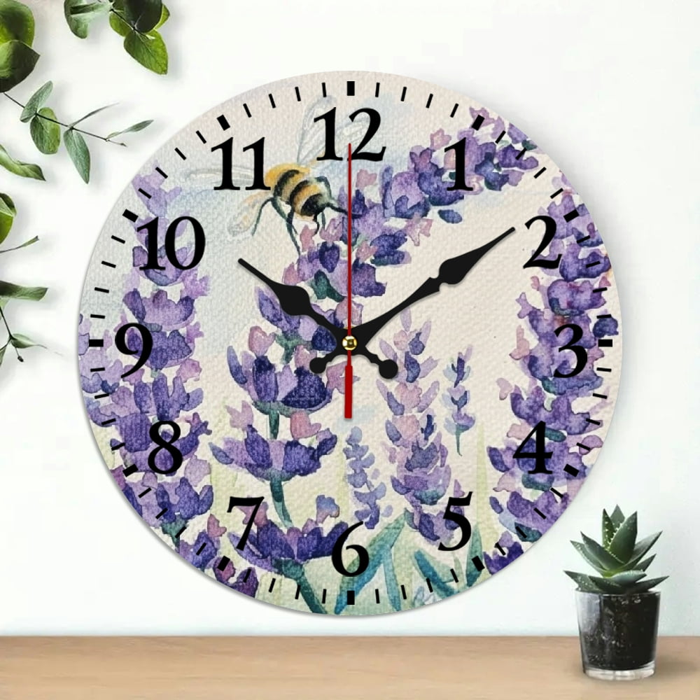 Chilfamy Lavender Flowers Wall Clock for Living Room, Silent Mechanical ...