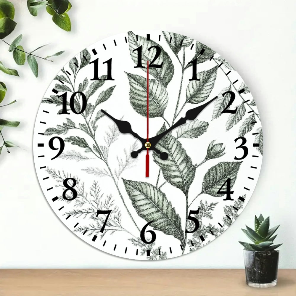 Chilfamy Leaves Plants Detailed Drawing Round Wooden Wall Clock for ...
