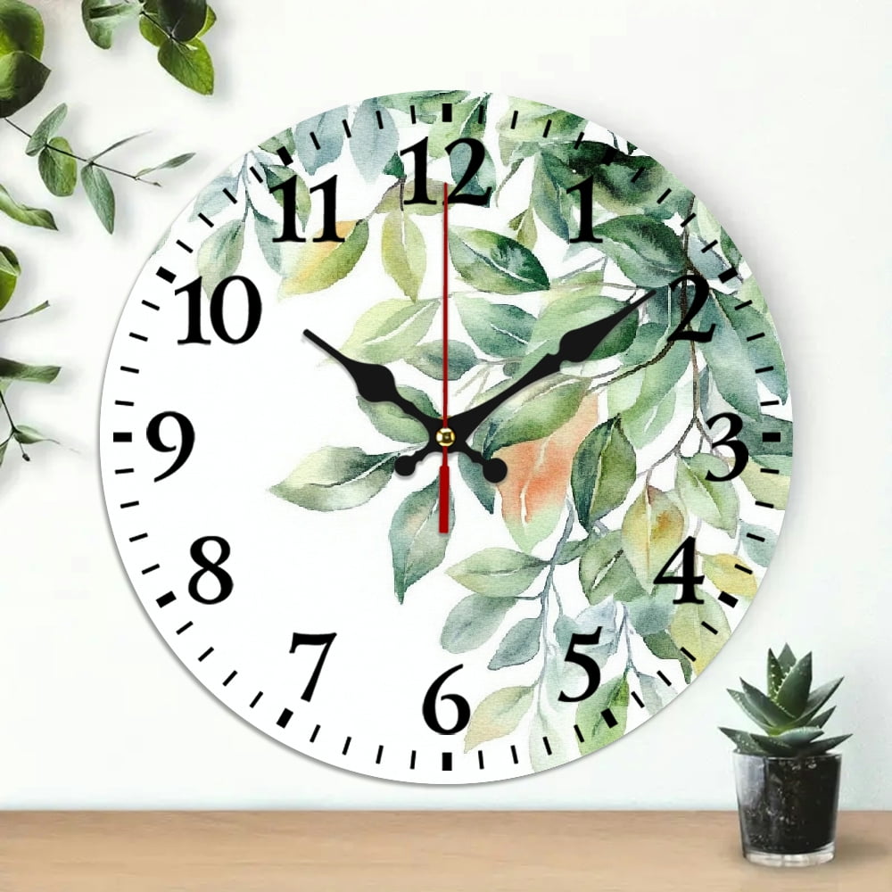 Chilfamy Leaves Wooden Wall Clock Decor Silent Mechanical Movement 10 ...