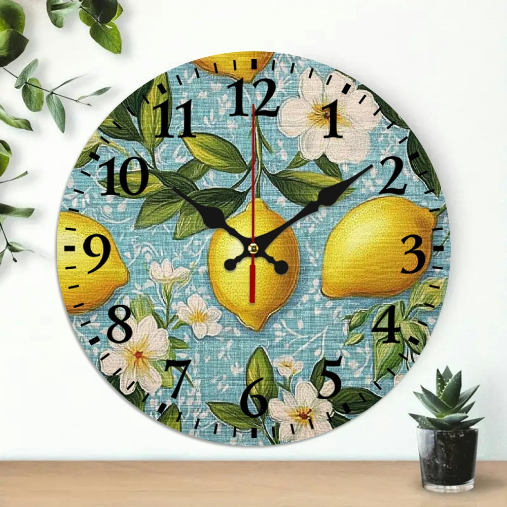 Chilfamy Lemons Flowers Round Wooden Wall Clock for Home Decor Battery ...