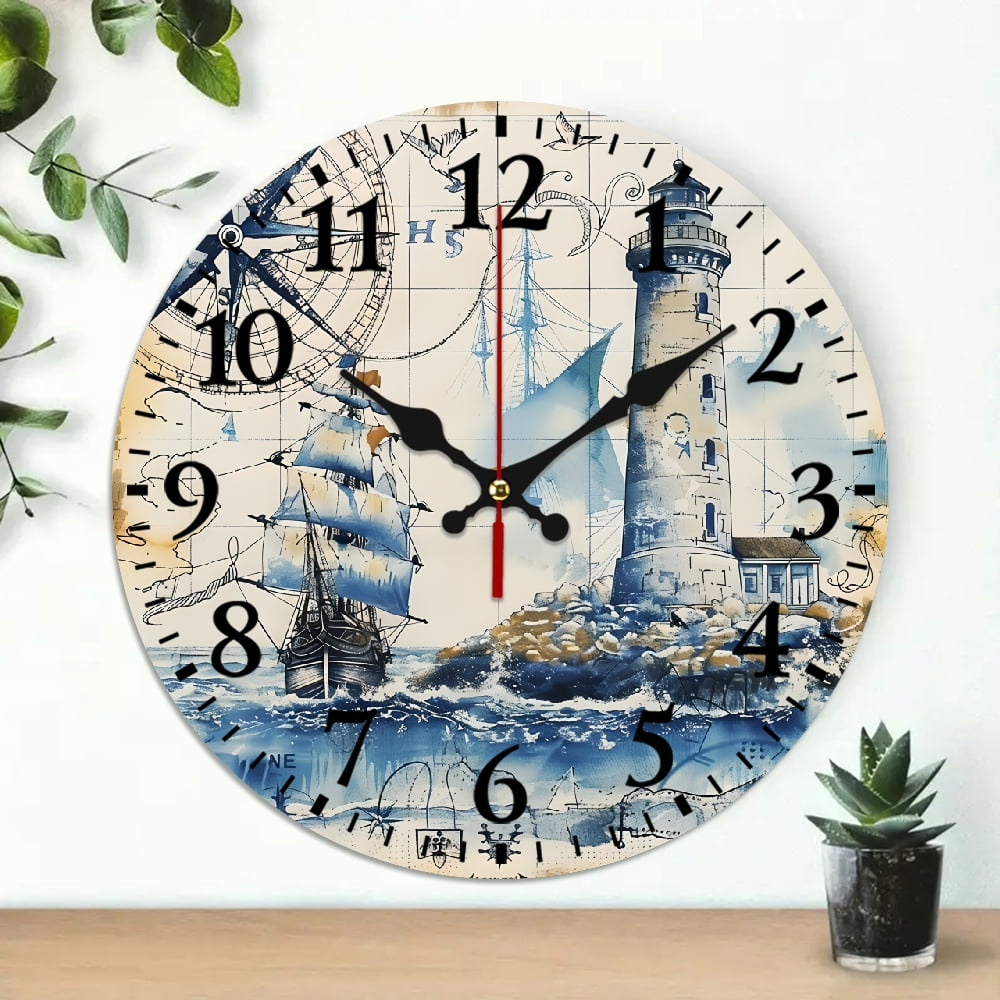 Chilfamy Lighthouse Ship Compass Wooden Wall Clock Decor, Battery ...