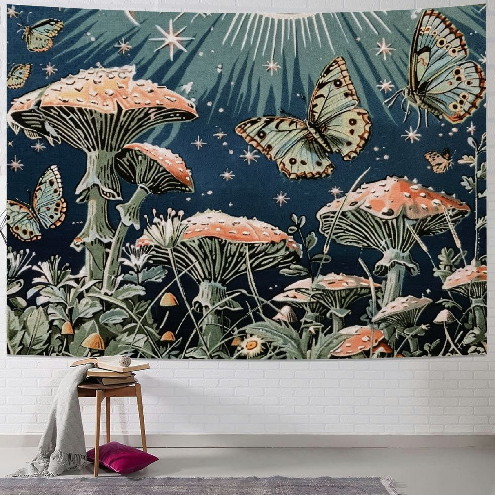 Chilfamy Luna Butterfly Tapestry Moonlit Garden Tapestries Mushroom ...