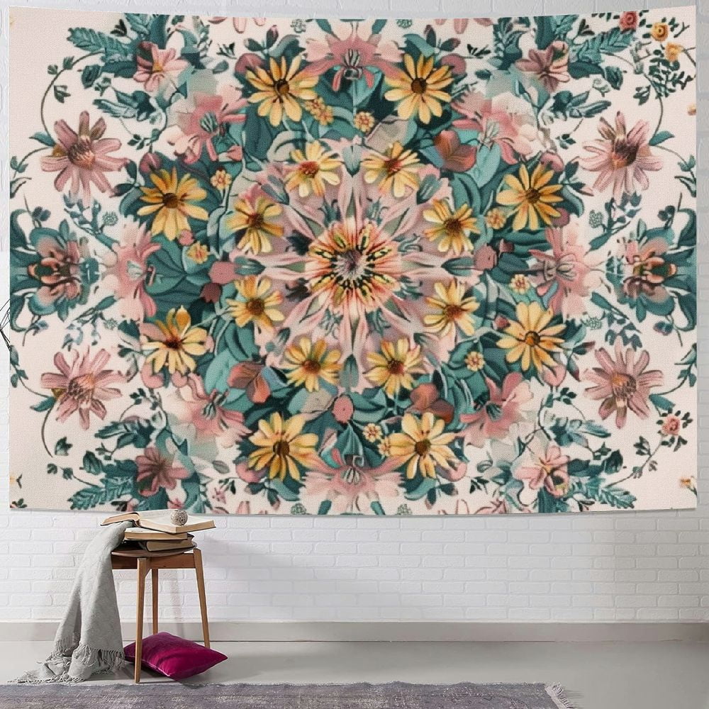 Chilfamy Mandala Floral Medallion Tapestry, Sketched Flower Plant Boho ...