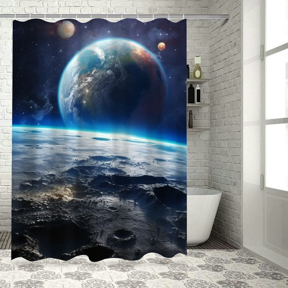 Chilfamy Moon Planet Space Print Shower Curtain, Washable Polyester ...