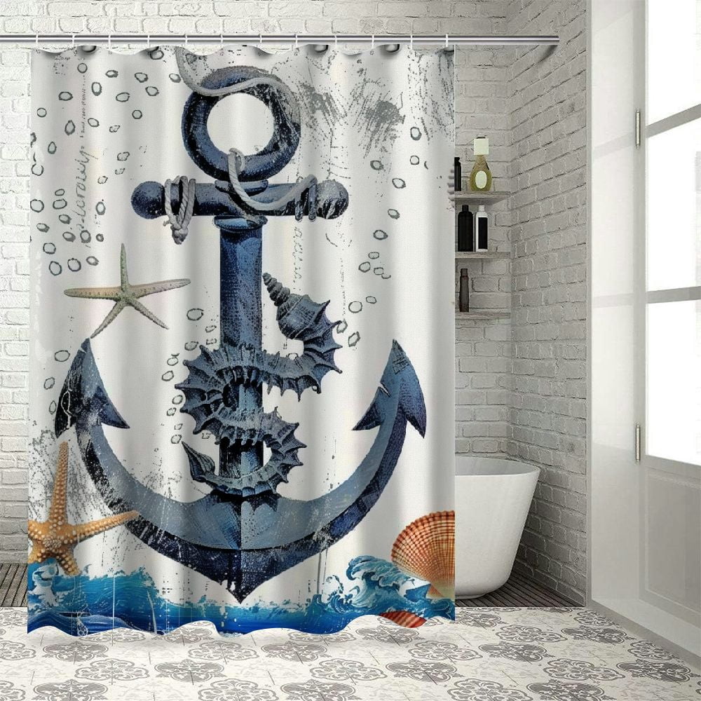 Chilfamy Nautical Anchor Shower Curtain Blue Coastal Rudder Shell ...