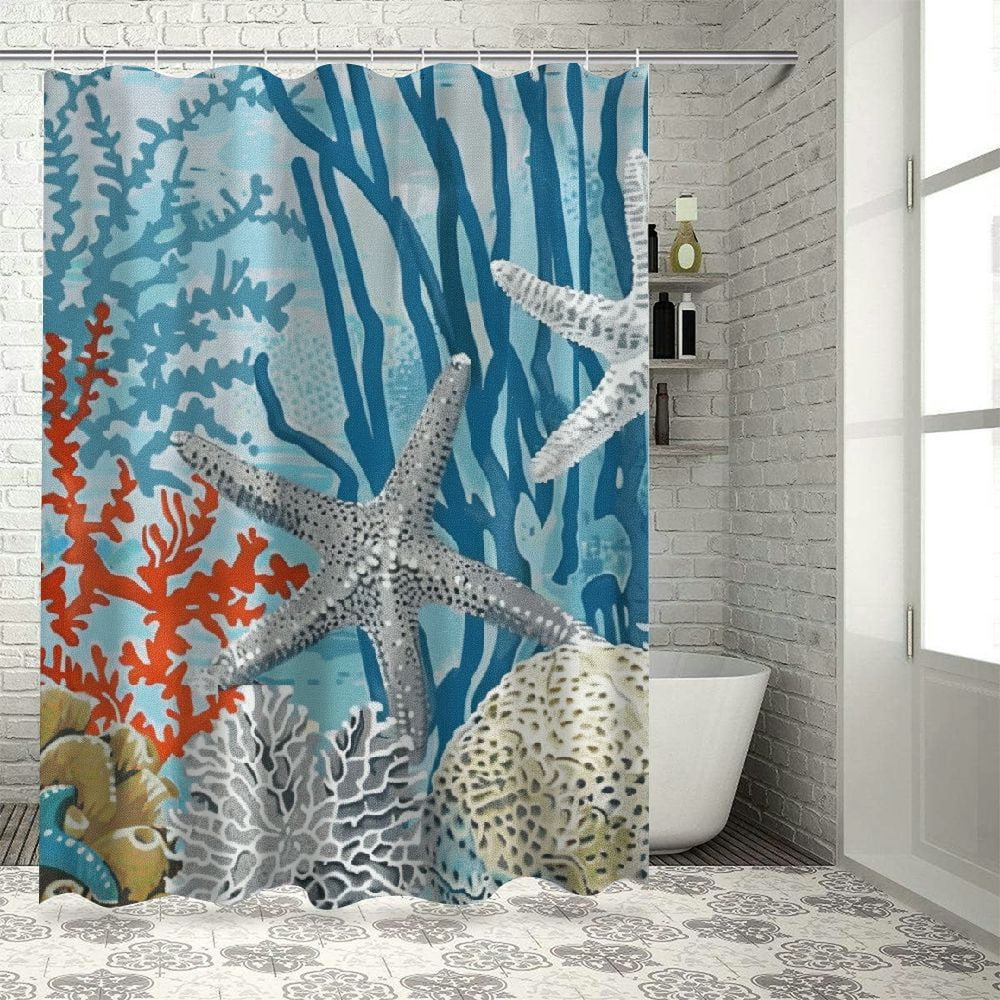 Chilfamy Nautical Coastal Shower Curtain, Ocean Beach Seashell Starfish ...