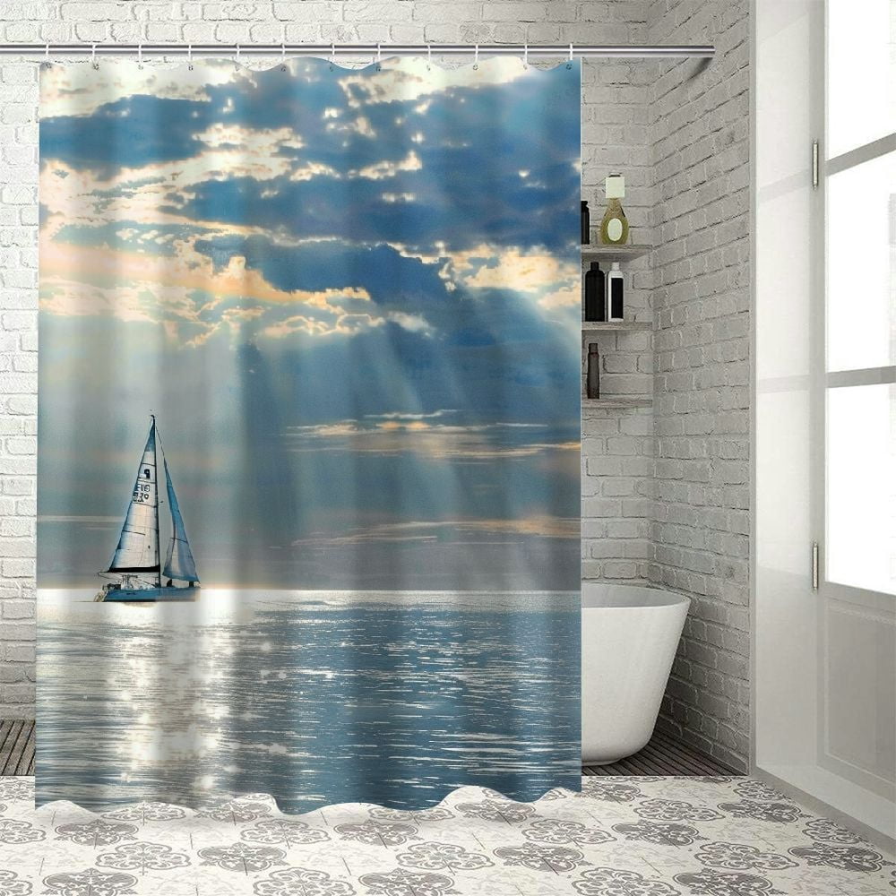 Chilfamy Nautical Shower Curtain, Sailing Yacht in The Morning Time on ...