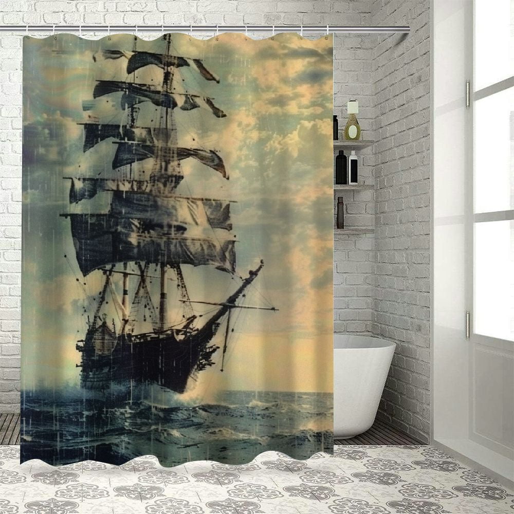 Chilfamy Nautical Stall Shower Curtain, Old Pirate Ship in The Sea Historical Cruise Retro ...