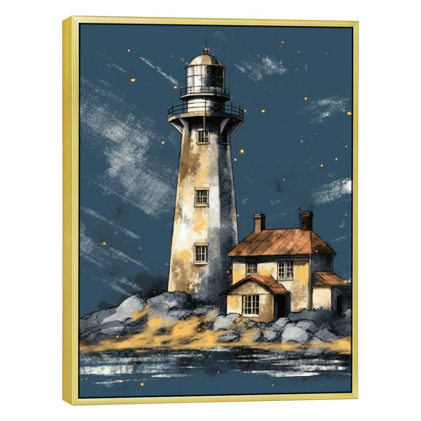 Chilfamy Nautical Wall Art Lighthouse Painting Canvas Prints Gold and ...