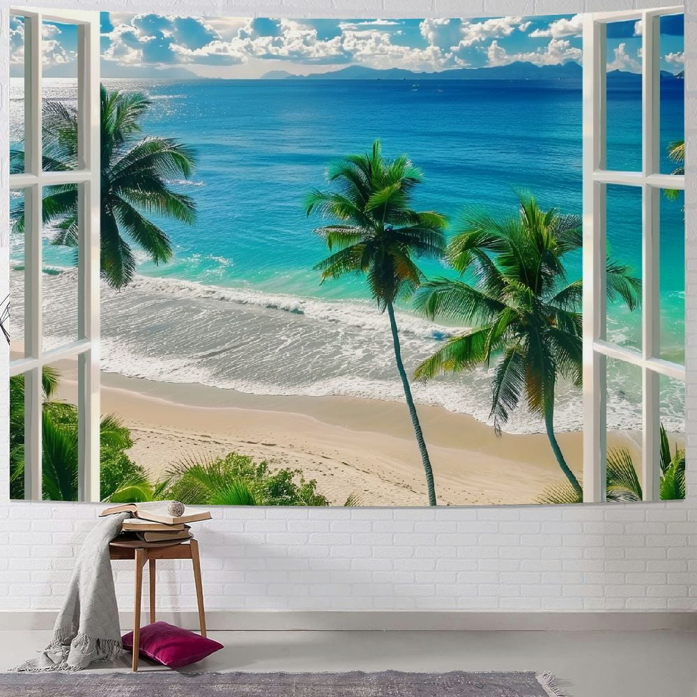 Chilfamy Ocean Beach Tapestry, Hawaii Sea Nature Fake Faux Window Art ...