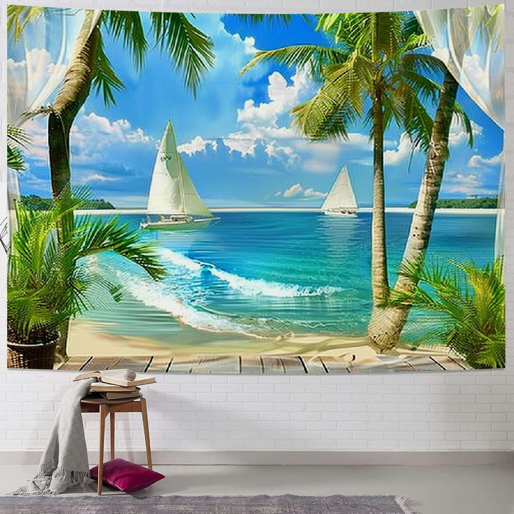 Chilfamy Ocean Beach Tapestry, Nature Coconut Palm Tree Garden Scenery ...