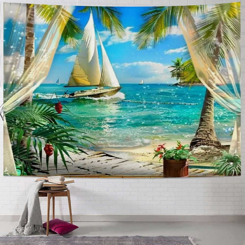 Chilfamy Ocean Beach Tapestry, Nature Coconut Palm Tree Garden Scenery ...