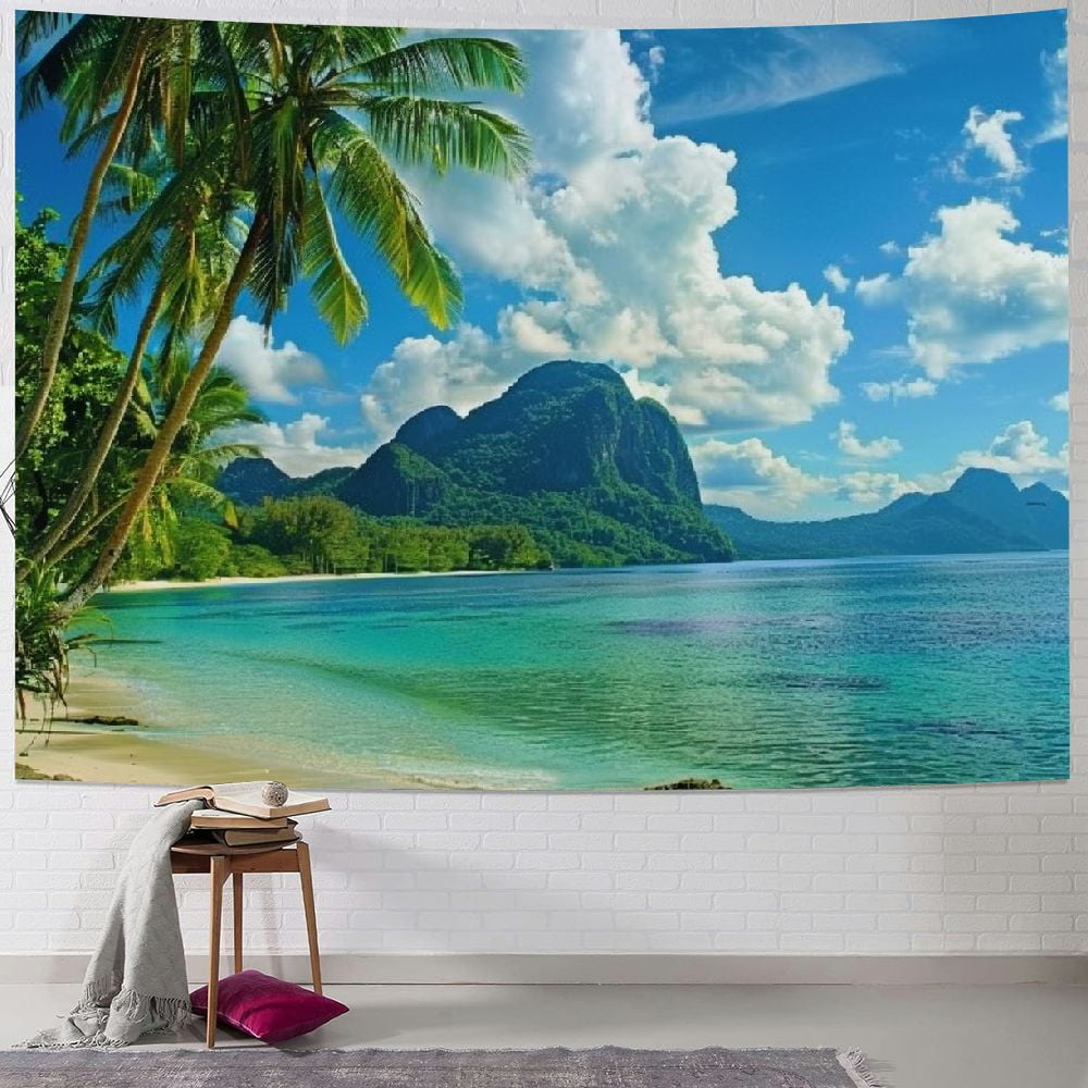 Chilfamy Ocean Beach Tapestry Tropical Seaside Island Palm Tree Waves ...