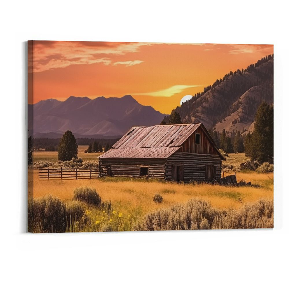 Chilfamy Old Barn Mountain Sunset Canvas Wall Art Picture Painting ...