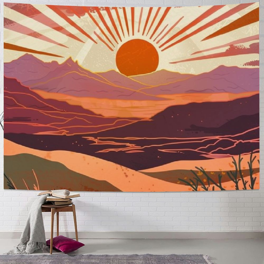 Chilfamy Orange Bohemian Sun Art Tapestry Aesthetic Sunset Vintage 70s ...
