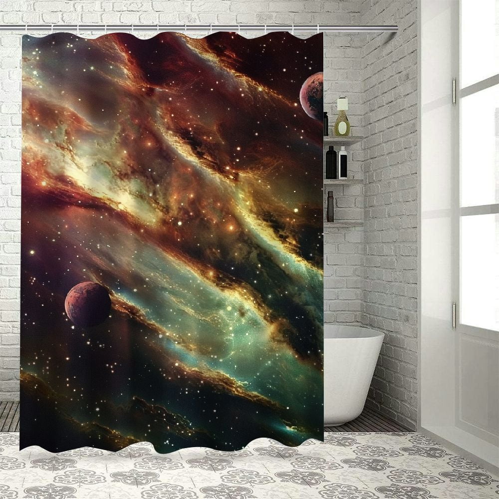 Chilfamy Outer Space Shower Curtain, Planets Over Nebula Gas Cloud ...