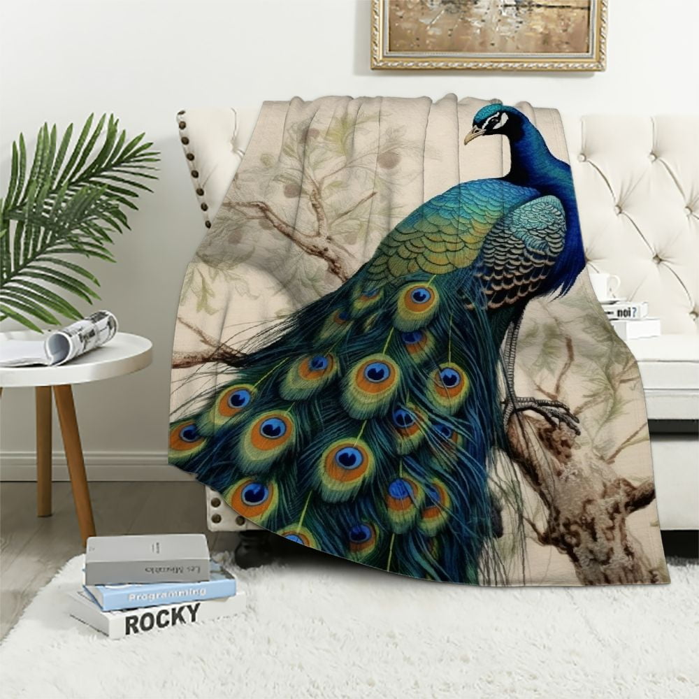 Chilfamy Peacock Feathers Print Throw Blanket for Bed Couch Car ...