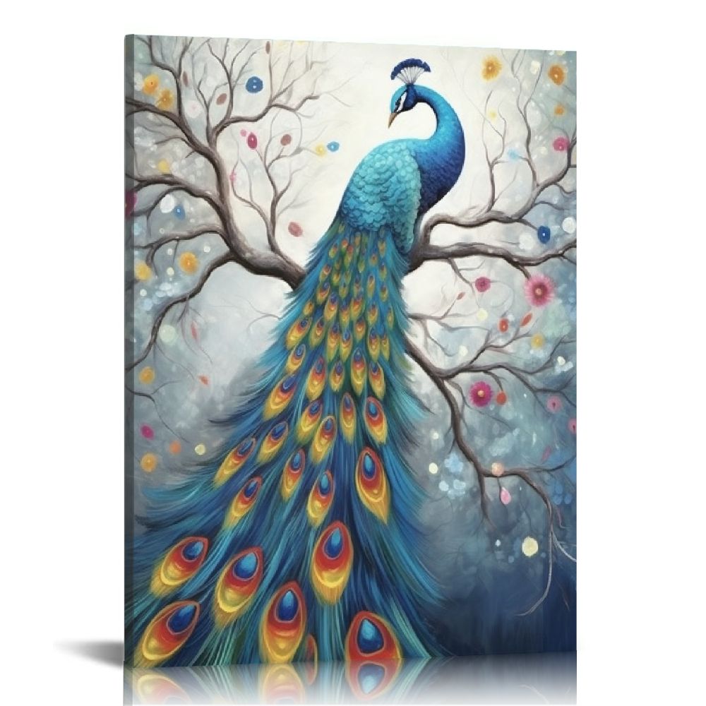 Chilfamy Peacock Paintings Canvas Wall Art Blue Peacock Spreads ...