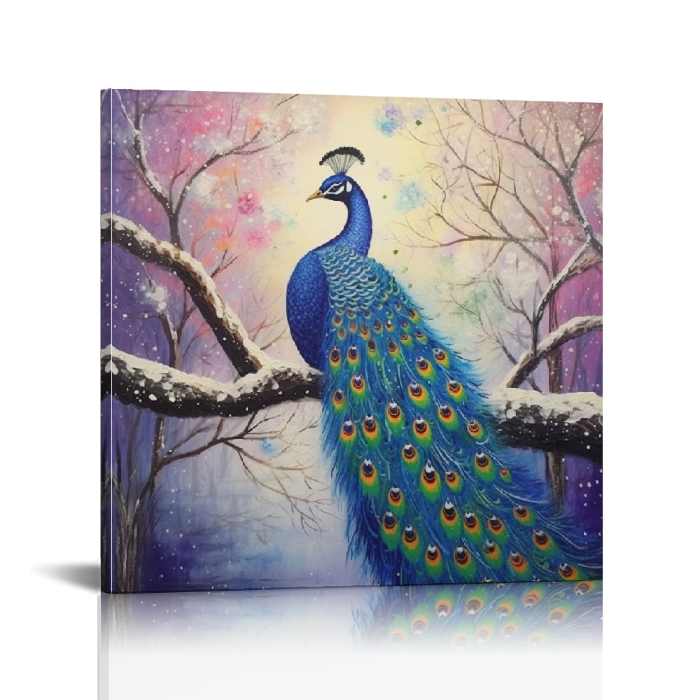 Chilfamy Peacock Snow Tree Wall Decor Canvas Art Ready to Hang 16x16in ...