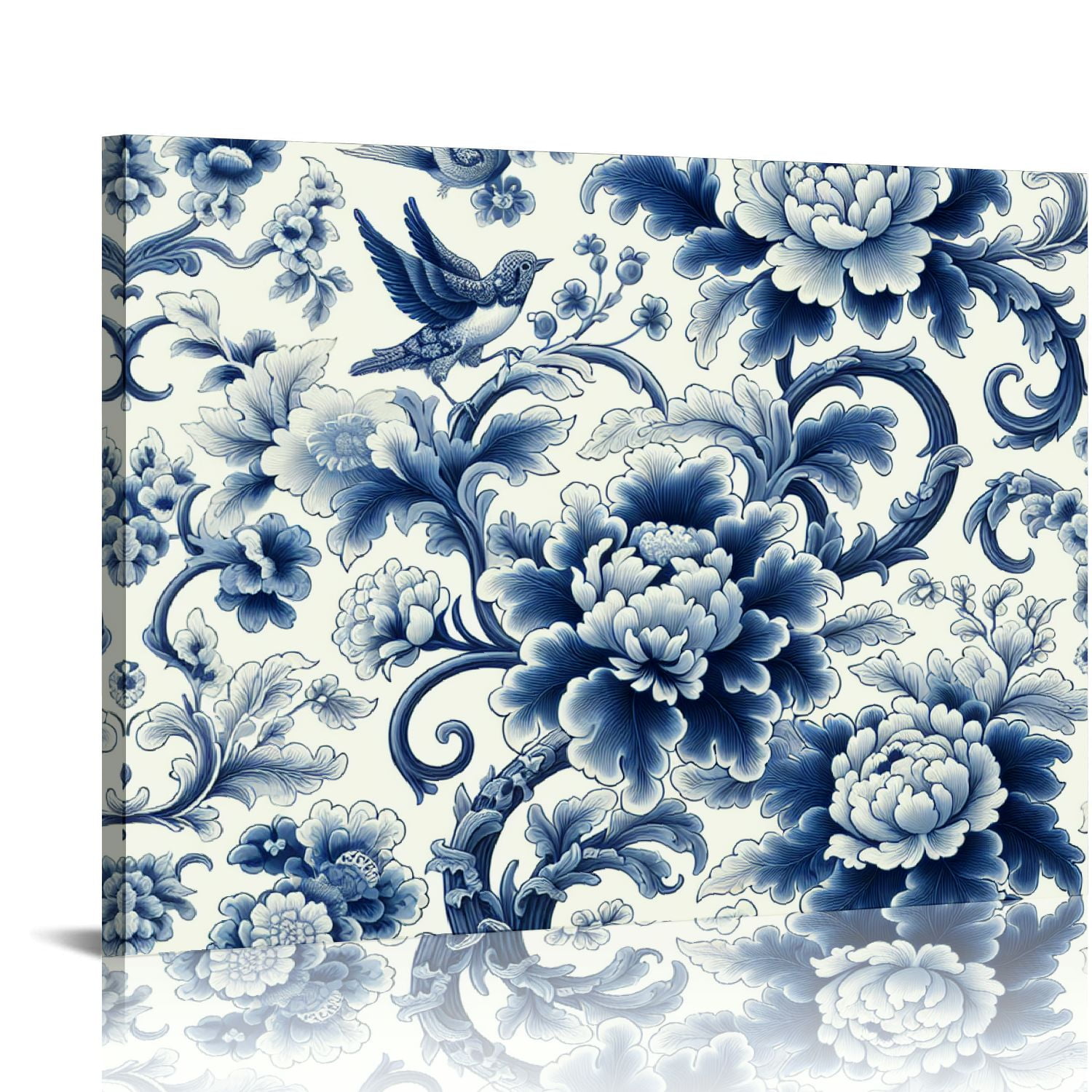 Chilfamy Peony Sparrow Blue and White Porcelain Wall Decor Canvas Print ...