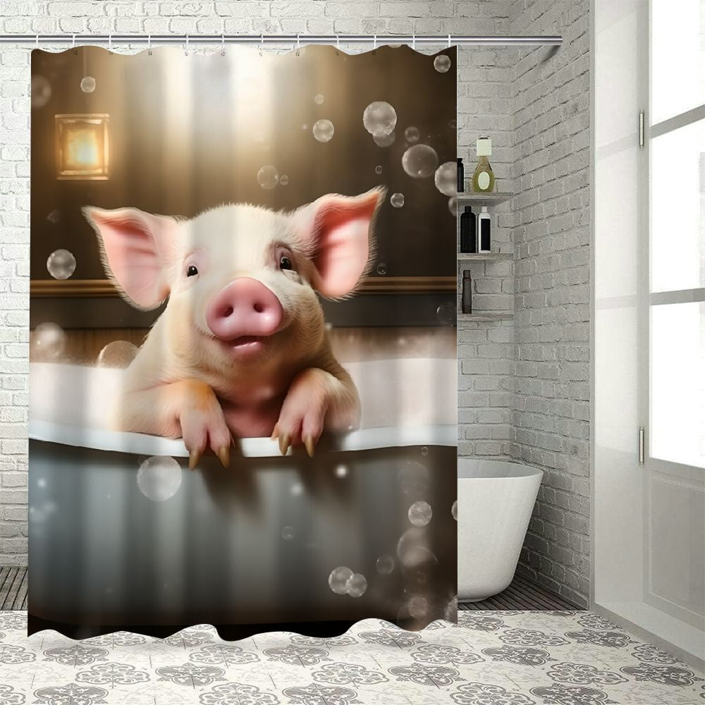 Chilfamy Pig Bubbles Wooden Shower Curtain Set with Hooks, Cloth Fabric ...
