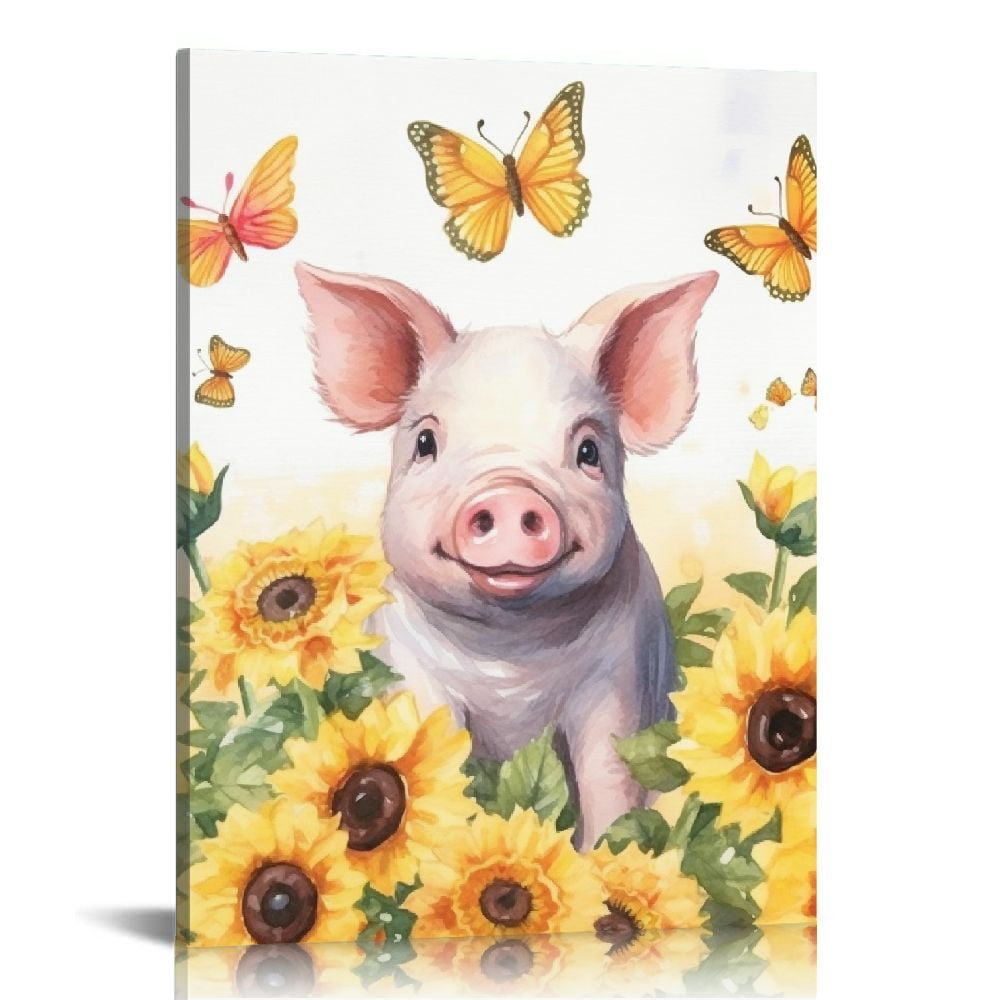 Chilfamy Pig Sunflower Wall Art, Cute Pig and Sunflowers with Butterfly ...